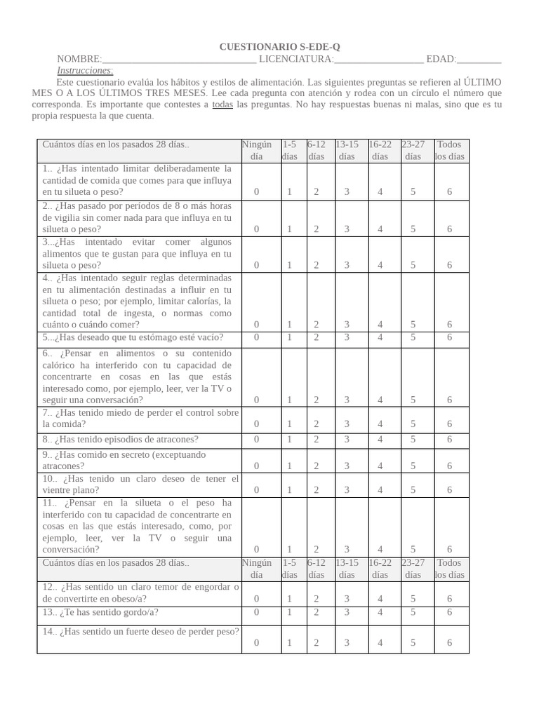 Cuestionario de Hábitos Alimenticios S-EDE-Q | PDF | Cuestionario