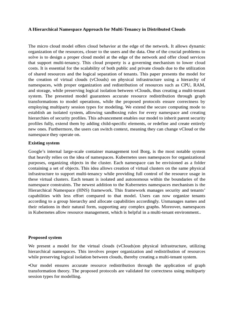A Hierarchical Namespace Approach For Multi-Tenancy in Distributed Clouds | PDF | Namespace ...