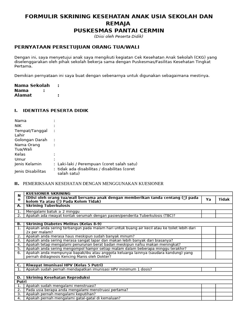 Formulir Skrining Kesehatan Anak Sekolah | PDF