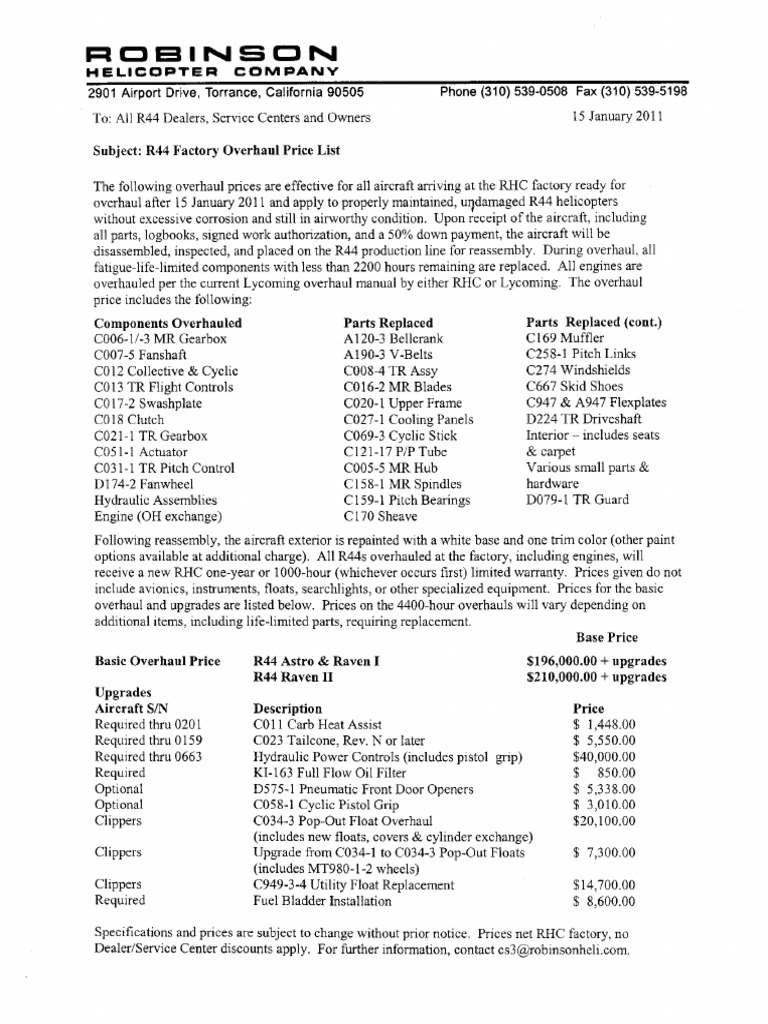 r44 Factory Overhaul Pricelist | PDF