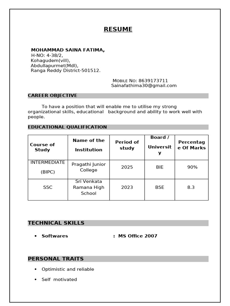 Resume of Mohammad Saina Fatima | PDF