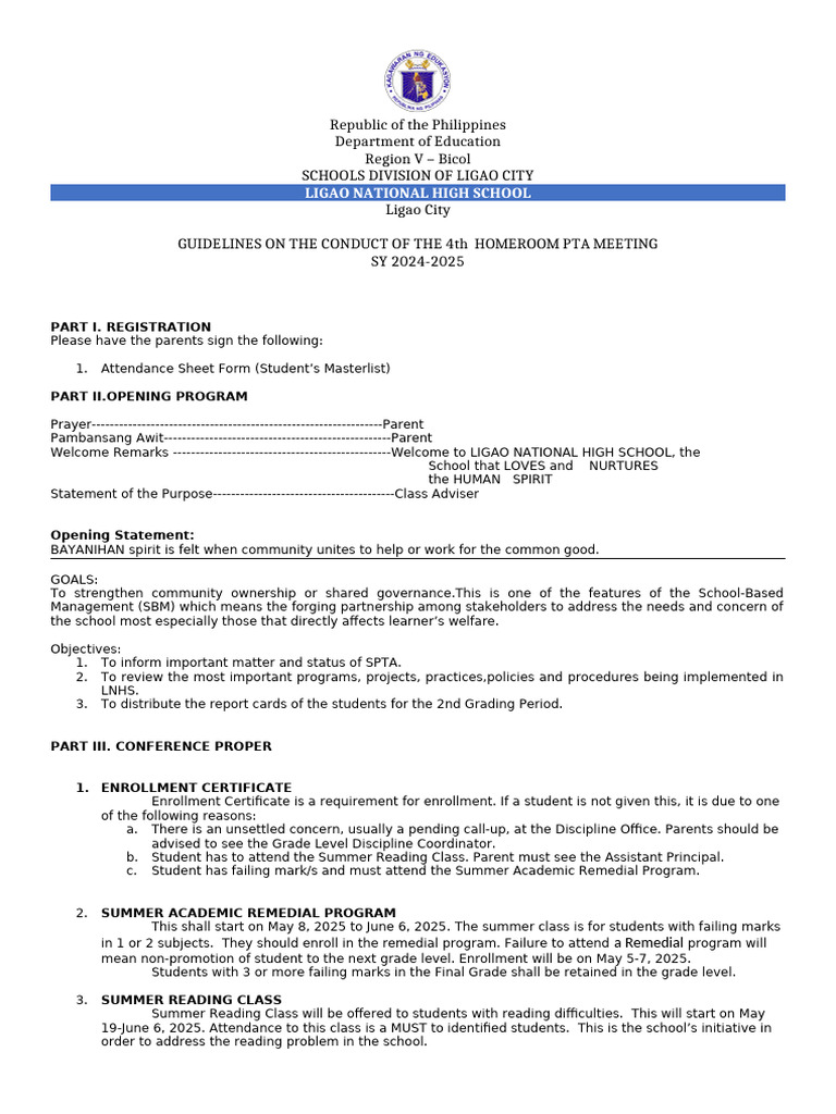 4th SPTA Meeting 2024 2025 Edited | PDF