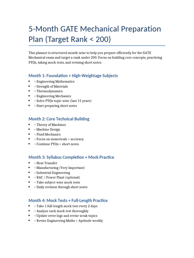 GATE ME 5 Months Preparation Plan U200 | PDF