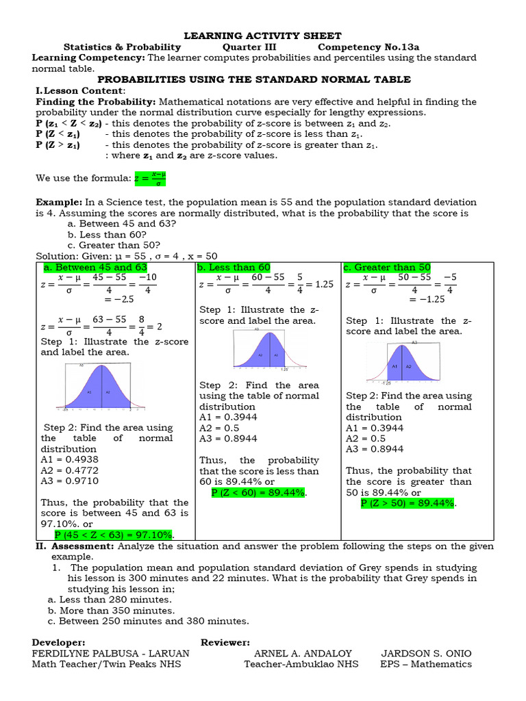 MATH11 - Q3 - C13a - Compute Probabilities and Percentiles Using The Standard Normal Table | PDF ...