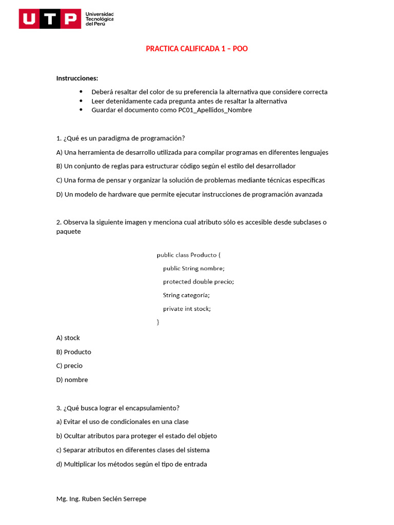 PC01 Poo | PDF | Paradigmas de programación | Programación orientada a ...
