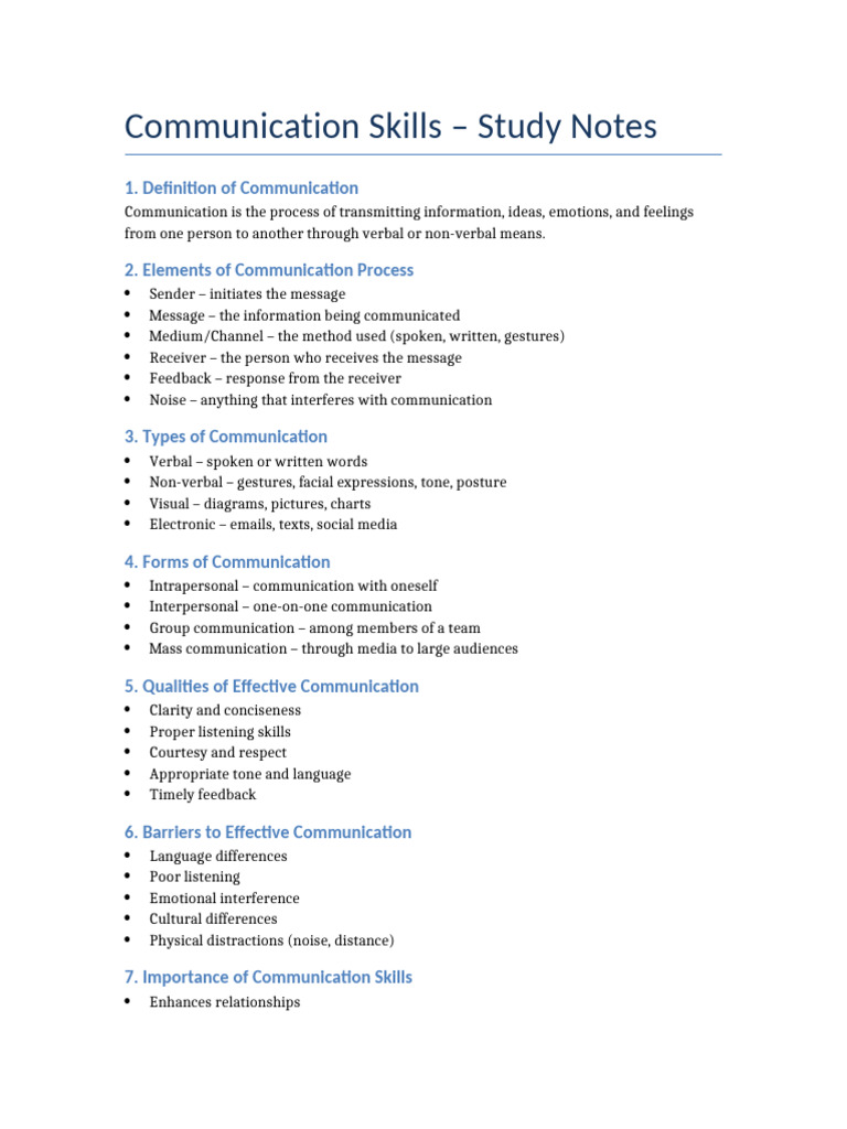 Communication Skills Study Notes | PDF | Communication | Nonverbal ...