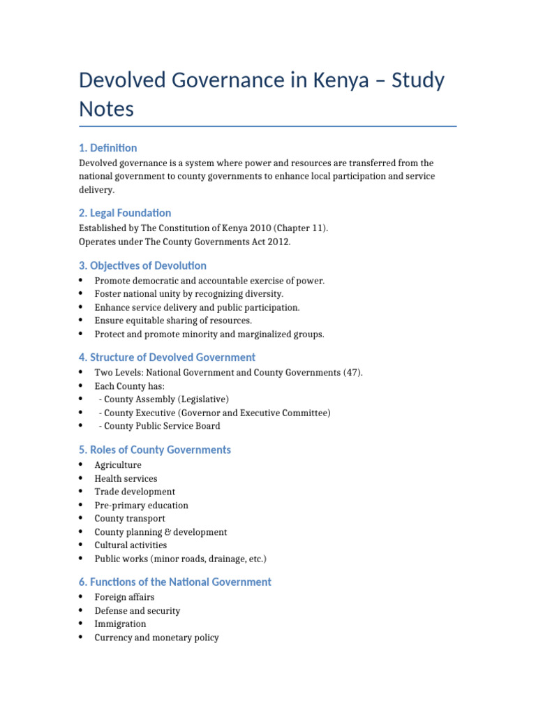 Devolved Governance Notes Kenya | PDF | Devolution | Governance