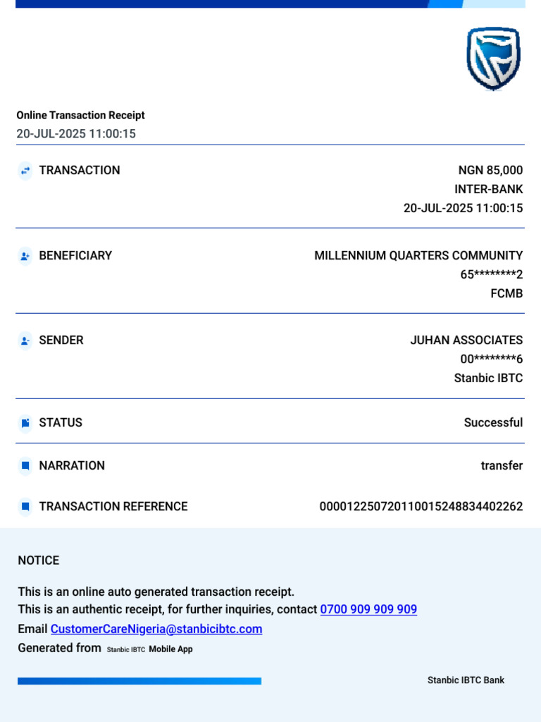 Receipt For Transfer To Millennium Quarters Community 20 Jul 2025 110015 | PDF