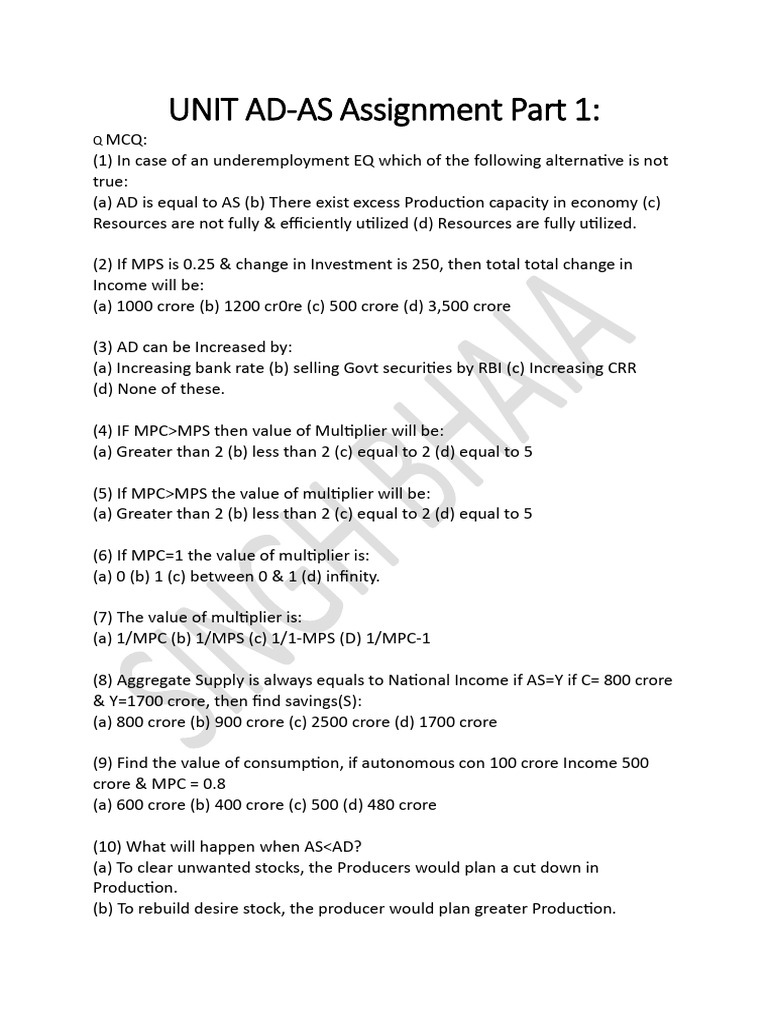 UNIT AD As Assignment Part 1 | PDF | Fiscal Multiplier | Economics
