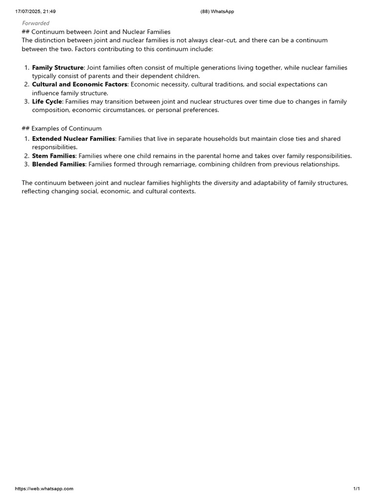Joint vs. Nuclear Family Continuum | PDF