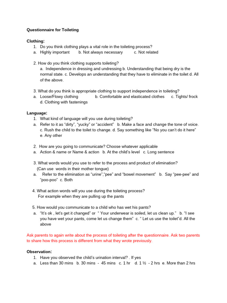 Potty Training Questionnaire for Parents | PDF