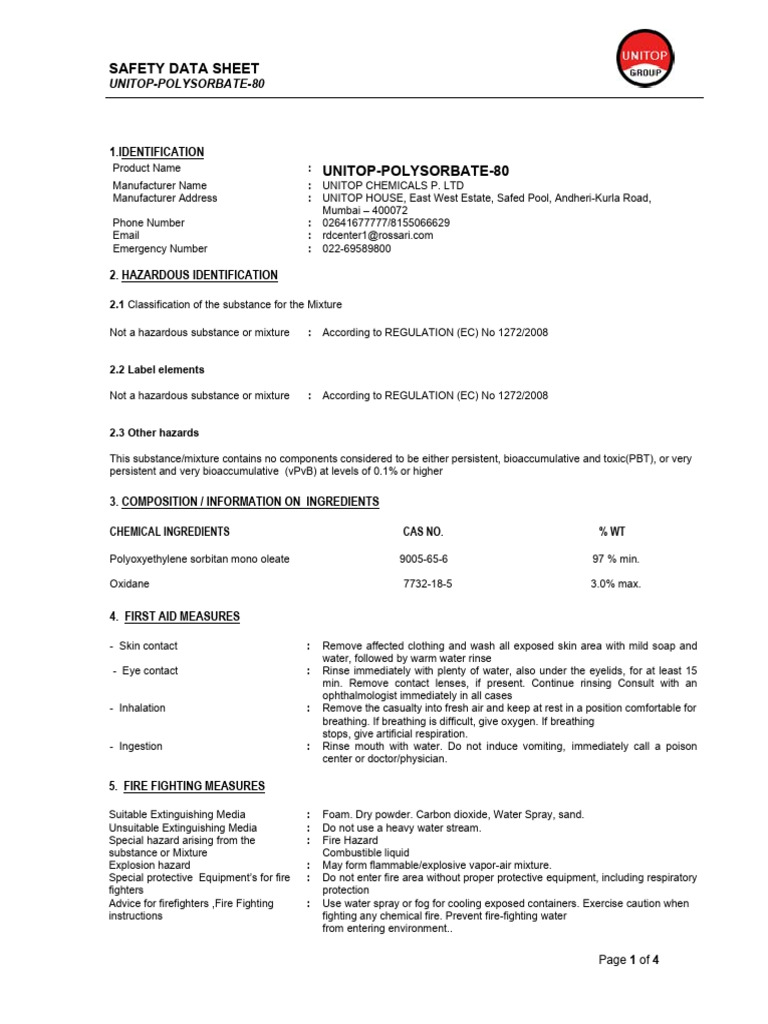 Polysorbate 80 Safety Data Sheet | PDF | Firefighting | Water