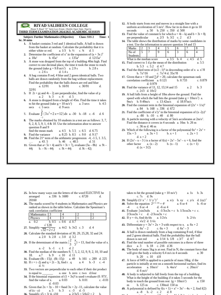 Further Maths Exam Question Ss2 | PDF | Mathematics