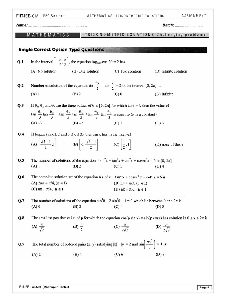 2 - Maths - Assignment (Trigonometric Equations) Lakshya | PDF