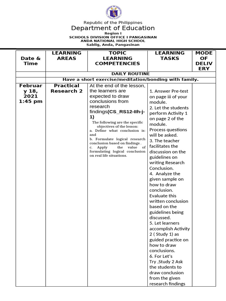 Pr2 Weekly Home Learning Plan Cot | PDF | Learning | Cognition