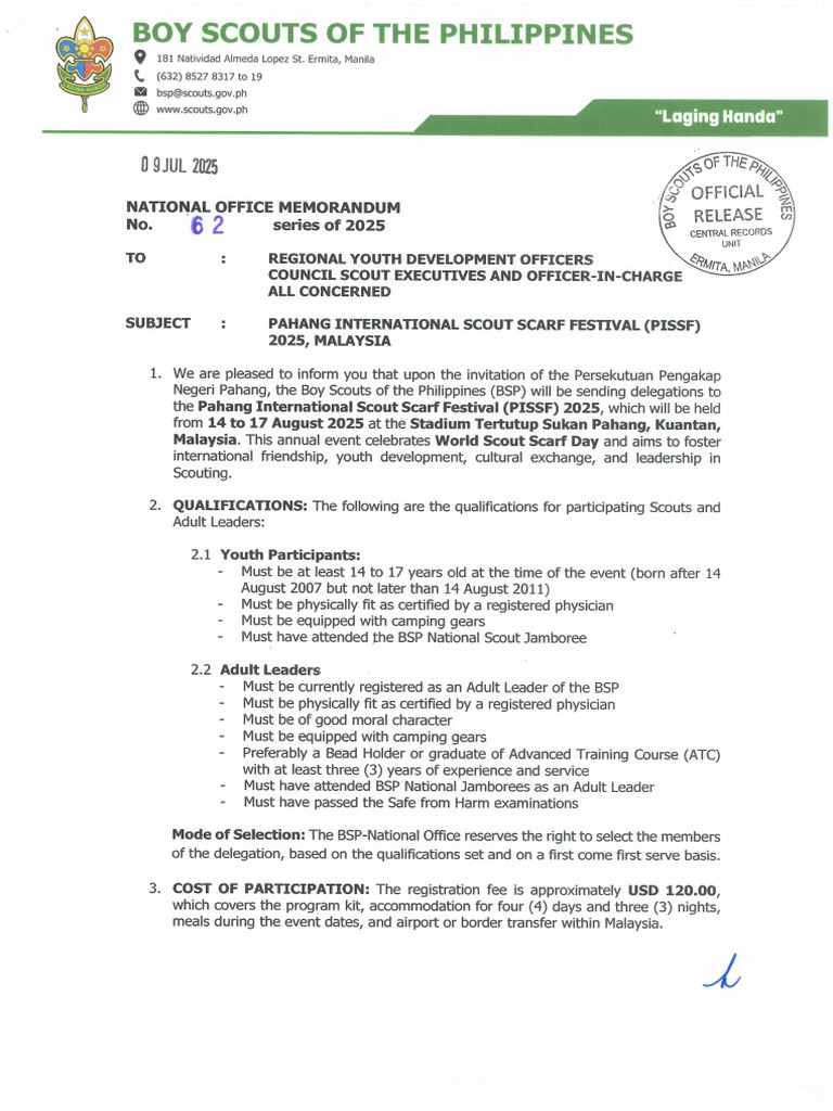PAHANG INTERNATIOL SCARF FESTIVAL N.O-Memo-No.-62-s.-2025 | PDF