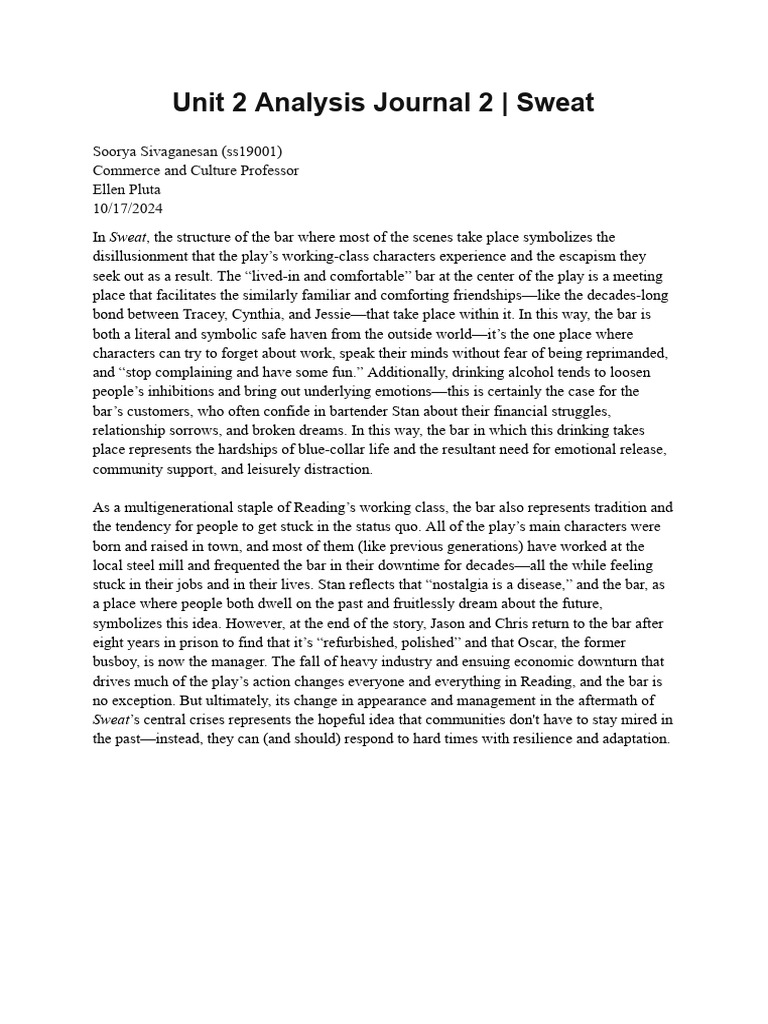 Unit 2 Analysis Journal 2 - Sweat | PDF