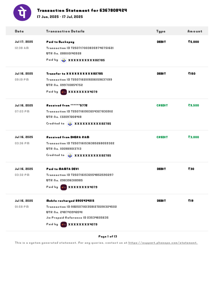 PhonePe Statement Jun2025 Jul2025 | PDF | Debit Card | Debits And Credits