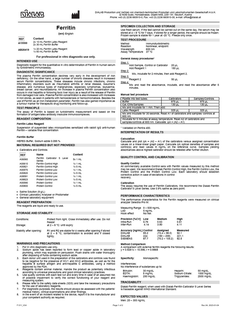 Ferritin Diagnostic Reagent Overview | PDF | Assay | Medical Specialties