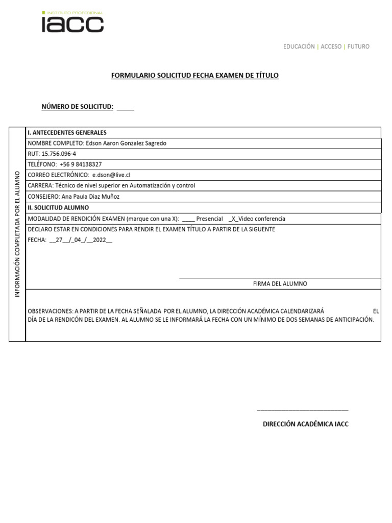 Ficha de Solictud de Examen de Titulo | PDF