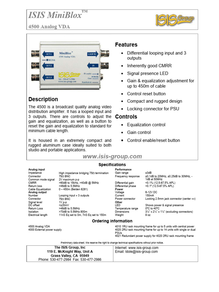 ISIS Minibox 4500 Analog VDA | PDF | Power Supply | Equalization (Audio)