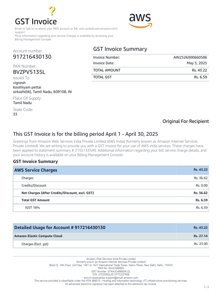 TaxInvoice AIN2526000660586 | PDF | Amazon Web Services | Invoice