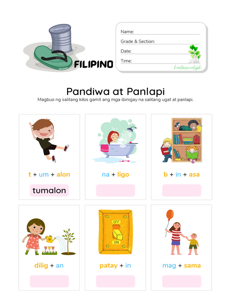 HuntersWoodsPH - Filipino - Mga Pandiwa Worksheet 3 Pagbuo NG Salitang Kilos Gamit Ang Panlapi | PDF