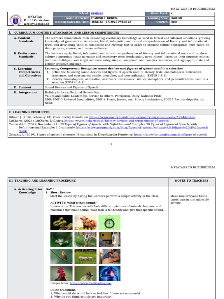 DLL Matatag - English 5 q1 w2 | PDF | Stress (Linguistics) | Human ...