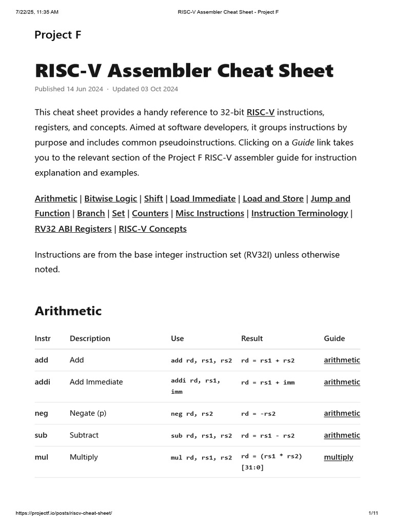 RISC-V Assembler Cheat Sheet - Project F | PDF | Computer Architecture | Office Equipment