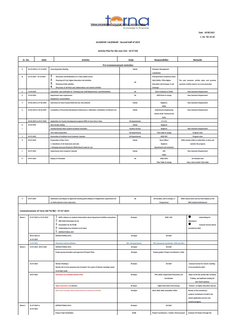Terna Engineering College Academic Calendar 2025 | PDF | Educational Stages