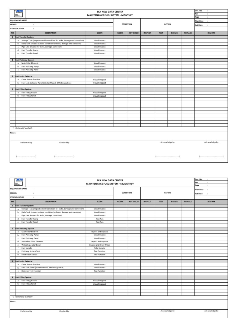 Maintenance Checklist Fuel Genset System | PDF | Leak | Pump