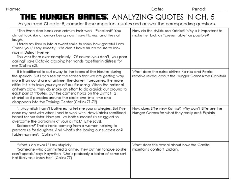 05 - The HUNGER GAMES Chapters 1-9 Activities - 15 Creative, Engaging ...