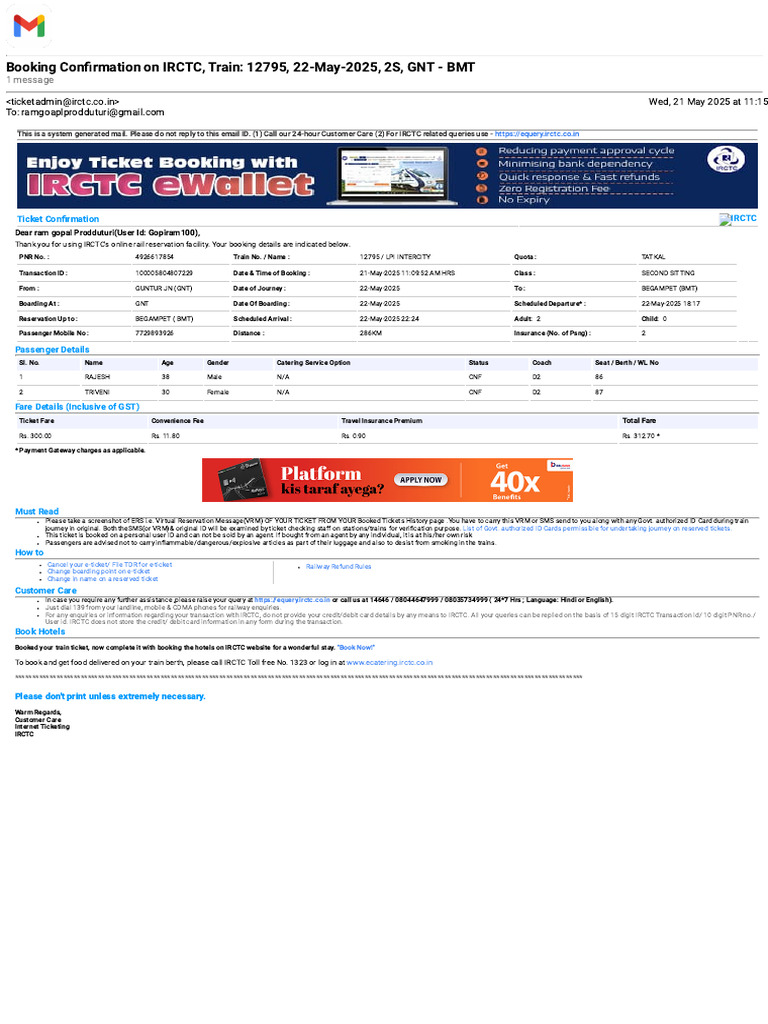 Gmail - Booking Confirmation On IRCTC, Train - 12795, 22-May-2025, 2S, GNT - BMT | PDF | Service ...