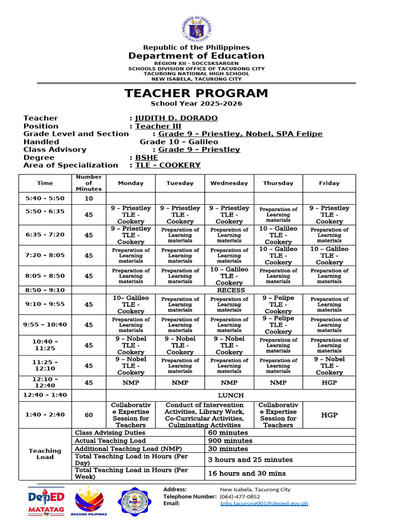 DORADO Teachers Load and Class Program W Teaching Hrs | PDF ...