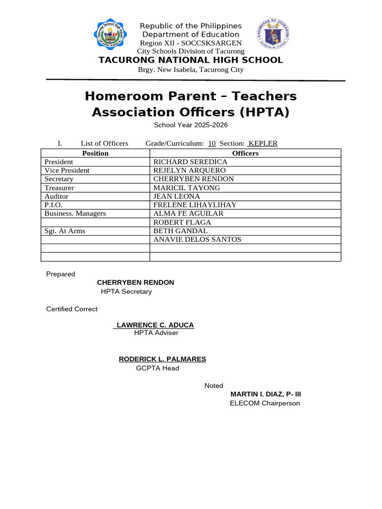 Spa 10 Kepler Hpta Officers 2025 2026 | PDF