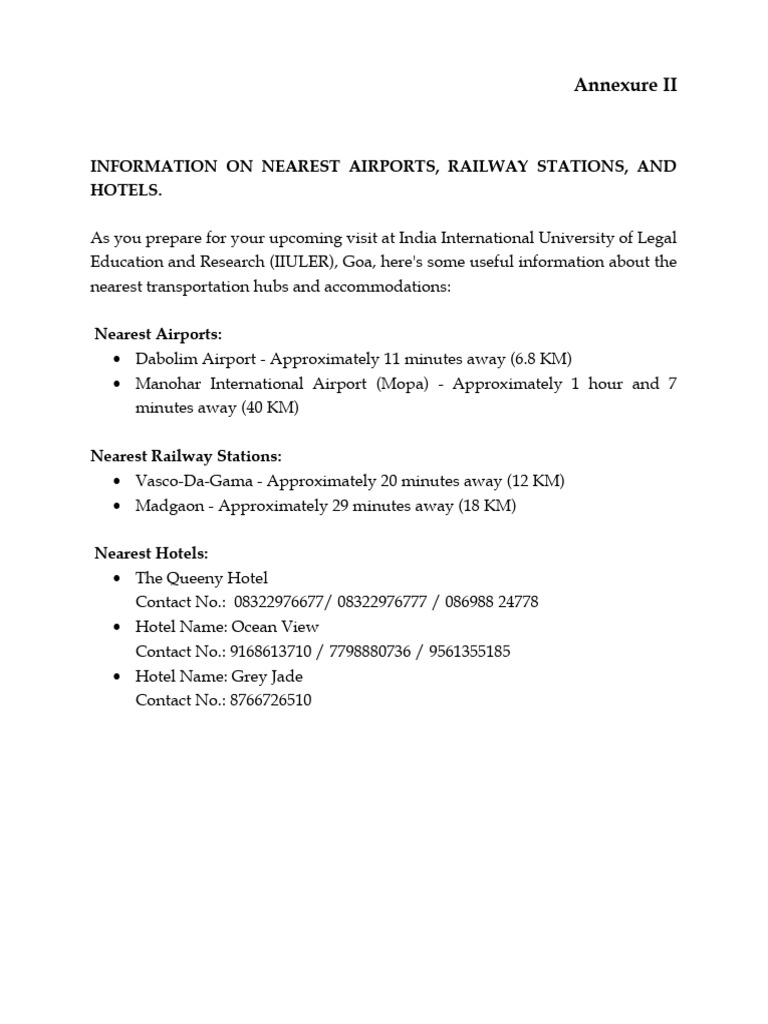 Nearest Airports, Stations, Hotels to IIULER | PDF