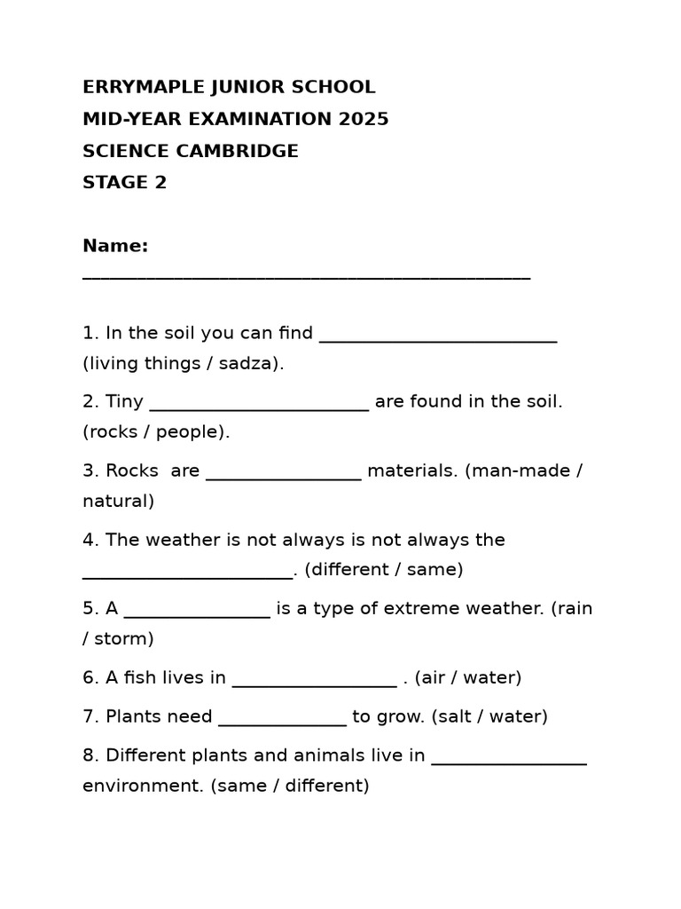 Grade 2 Cambridge Science Exam 2025 | PDF