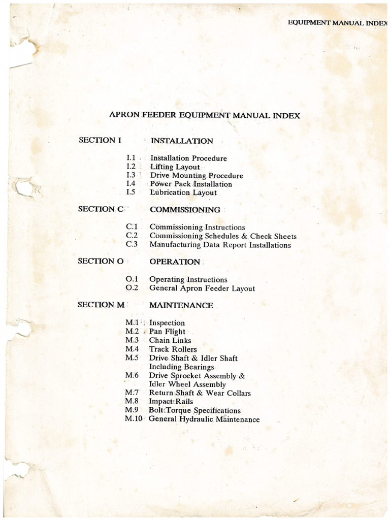MMM46 Apron Feeder Installation Commisioning Operation Maintenance | PDF