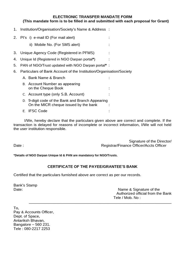 Electronic Transfer Mandate FormFor All | PDF