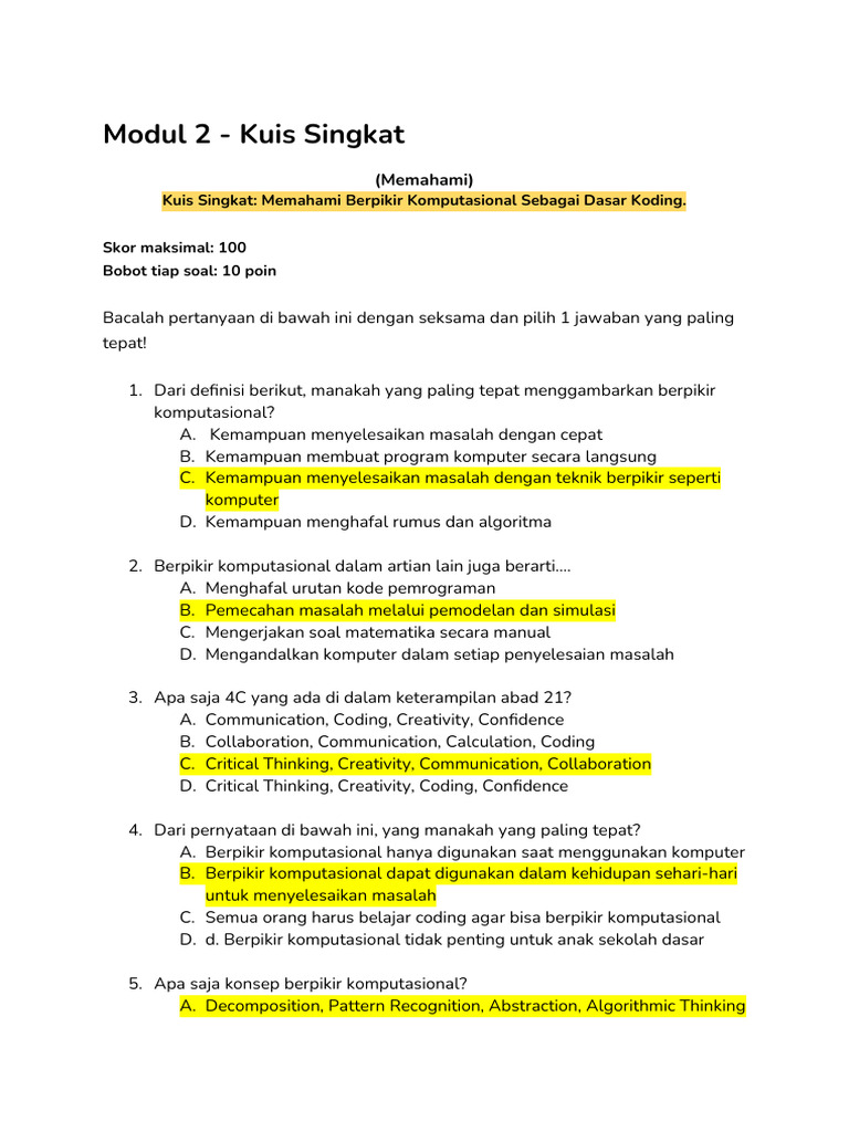 Kuis Berpikir Komputasional Dasar Koding | PDF