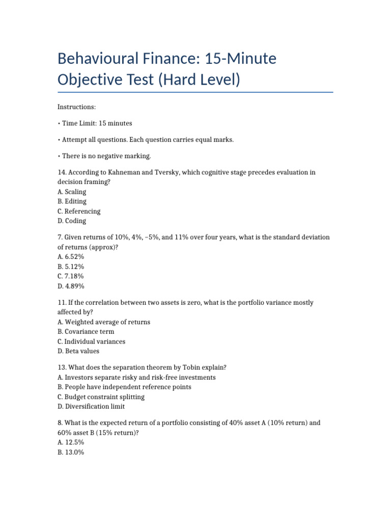Hard Behavioral Finance Test: 15 Minutes | PDF | Risk Aversion | Utility