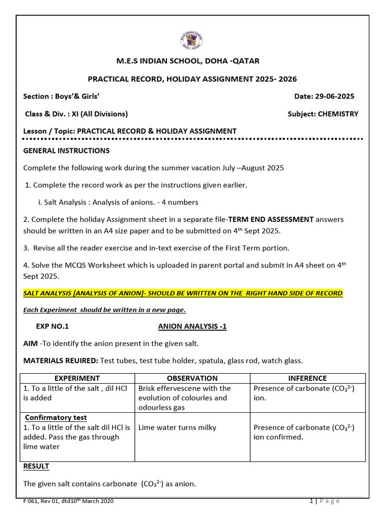 Class - Xi Chemistry Holiday Assignment | PDF | Salt (Chemistry) | Chloride