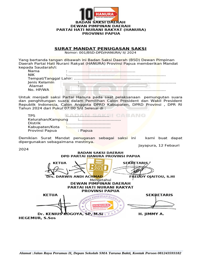 Surat Mandat Saksi Partai Hanura | PDF
