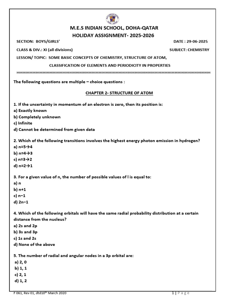 Class - 11 Worksheet (MCQS) - Holiday Assignment | PDF | Mole (Unit ...