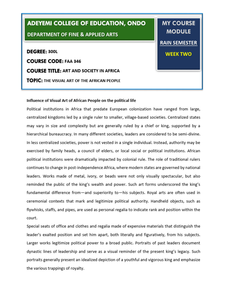 Week 02 - FAA 346 - The Visual Art of The African People II | PDF | Mask