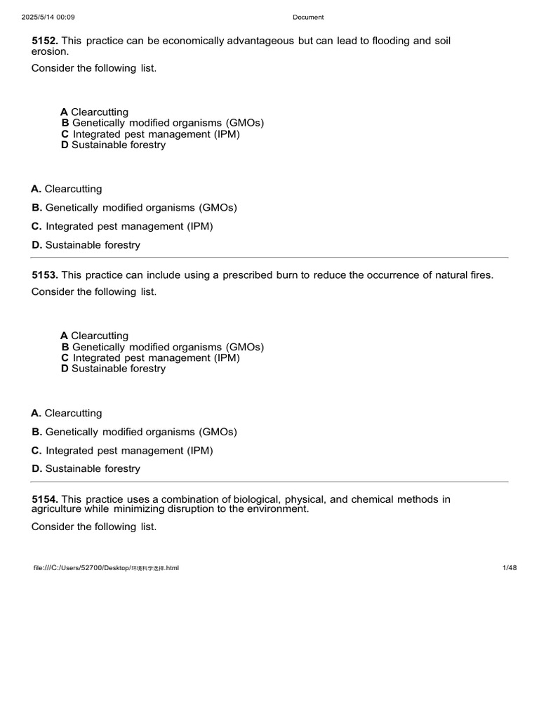 AP Environmental Science Practice MCQ | PDF