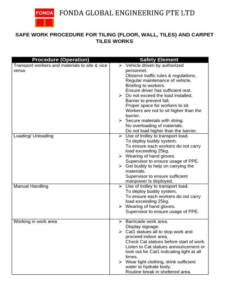 Safe Work Procedure For Tiling (Floor, Wall, Tiles) and Carpet Tiles Works | PDF | Housekeeping ...
