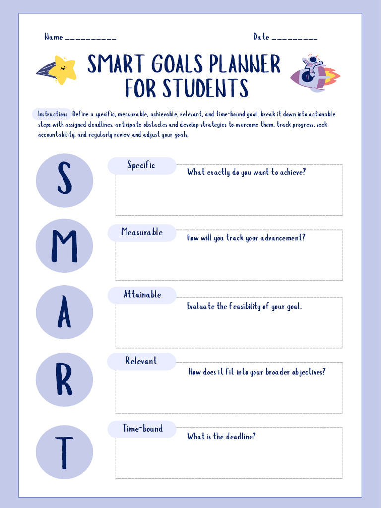 Smart Goals Planner For Student in Purple White Fun Style | PDF