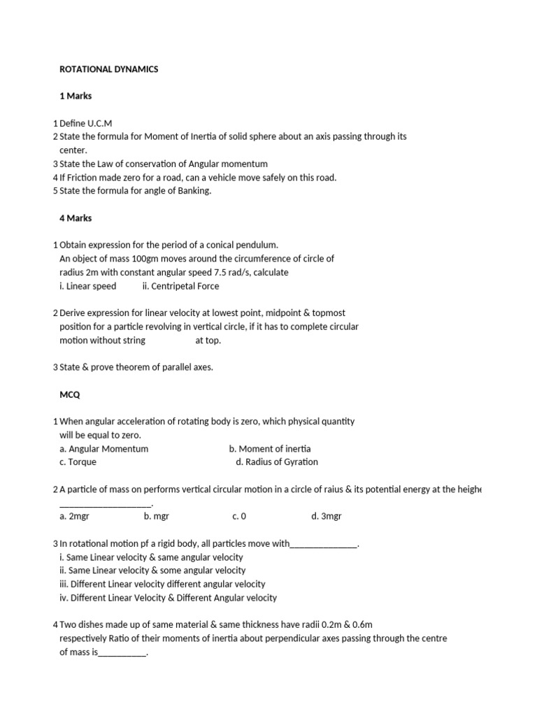 Rotational Dynamic Questions Bank | PDF | Rotation Around A Fixed Axis ...