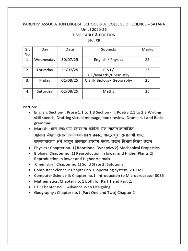 12th Unit Test Time Table 2025 | PDF